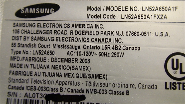 HDTV PARTS. BN41-00997A CT080229 LN52A650A1F LN52A650A1FXZA SAMSUNG 52 ...