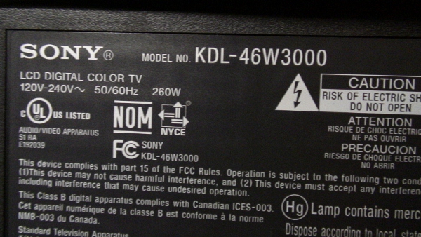 HDTV PARTS. 1-789-972-11, SSB460HA24-L, AT26063, SONY, KDL-46W3000, KDL ...