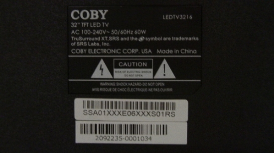 HDTV PARTS. LEDTV3216, LEDTV 3216, 32 LED TV, COBY 32" LED TV, COBY ...