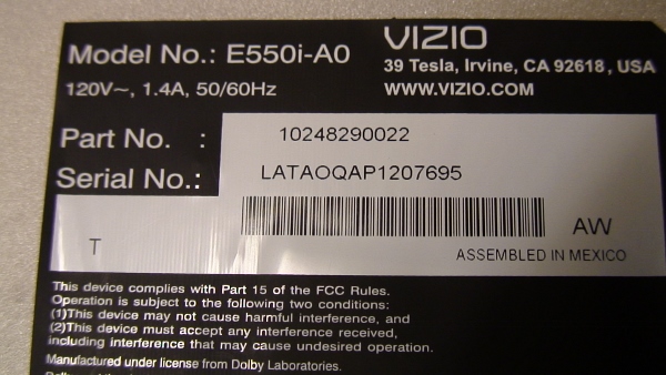 HDTV PARTS. 0460-2880-0170, AWM 20706, E97252-K, E550I-A0, VIZIO LED TV ...