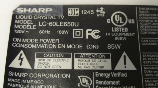 HDTV PARTS. Sharp LED TV Power Cord: QACCDA084WJPZ, LC-60LE633UA LC ...