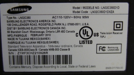 HDTV PARTS. LN32C350D1DXZA, SAMSUNG LN32C350D1DXZA 32-inch Class ...