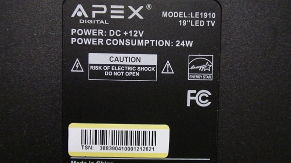 HDTV PARTS. LE1910, APEX 19 LED TV, LE1910 APEX 720P, Apex 19-inch ...