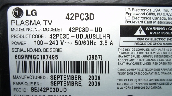 HDTV PARTS. LG 42PC3D, LG 42PC3D 42" Plasma Integrated HDTV, 720p ...