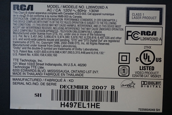 HDTV PARTS. RCA L26WD26D 26-inch LCD TV/ DVD COMBO, L26WD26D A, RCA 26 ...