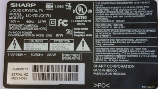 HDTV PARTS. QCNW-N243WJZZ, QCNW-M373WJQZ, LC-70UQ17U, LC-60SQ10U, LC ...