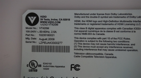 HDTV PARTS. IRPF8AA6, 715G3450-1, VT420M, VA370M, VA320E, VIZIO 42 LCD ...