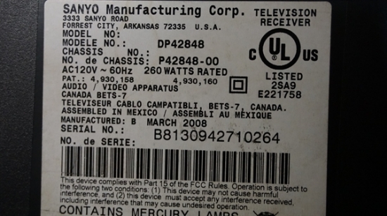 HDTV PARTS. N4VJ, 1AA4B10N21300, DP42848, P42848-00, SANYO 42 LCD TV ...