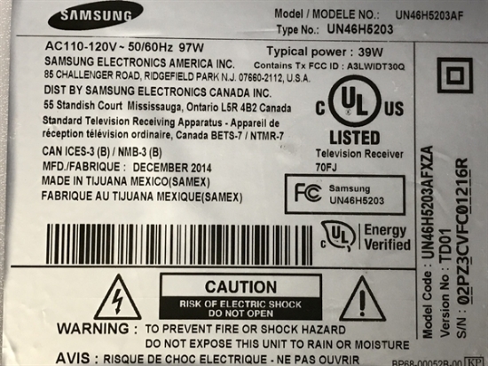 HDTV PARTS. BN96-21742T, BN96-21736E, BN61-08105A, UN46H5203AF ...